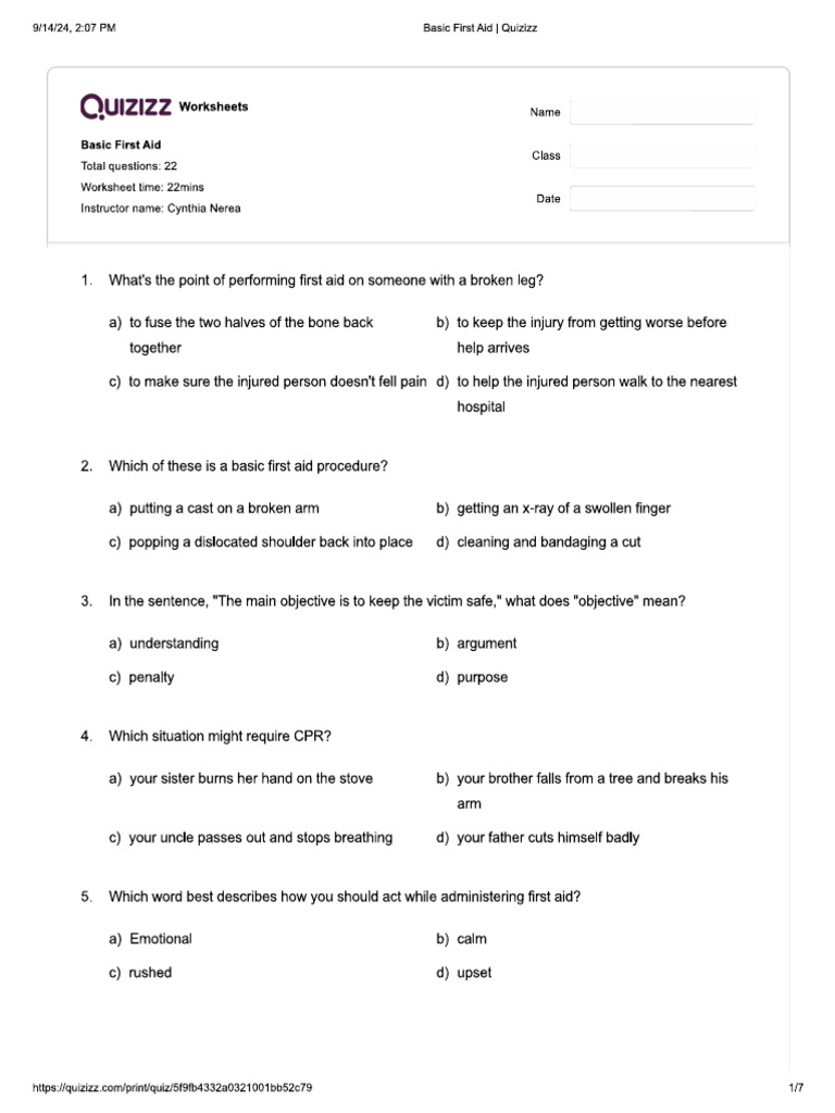 First Aid Quiz | PDF