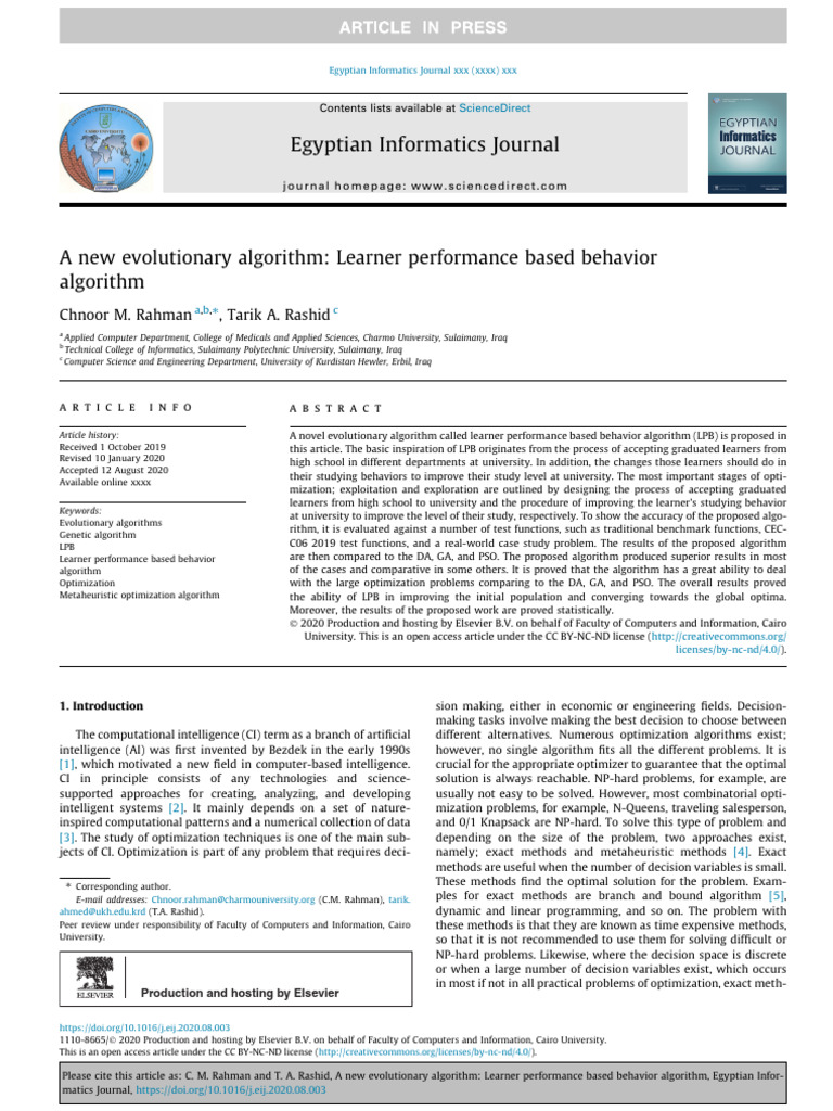 A New Evolutionary Algorithm Learner Performance B Pdf Mathematical 9066