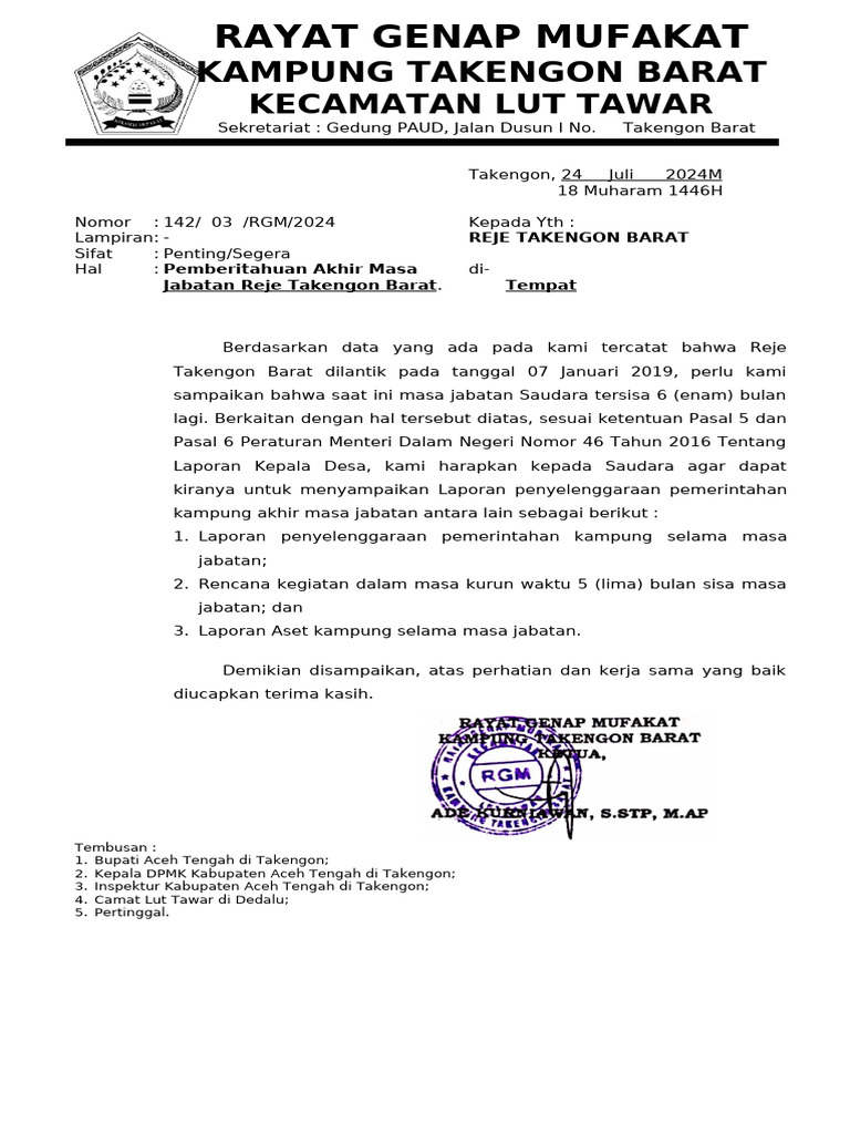 Surat RGM Masa Jabatan Reje PDF | PDF