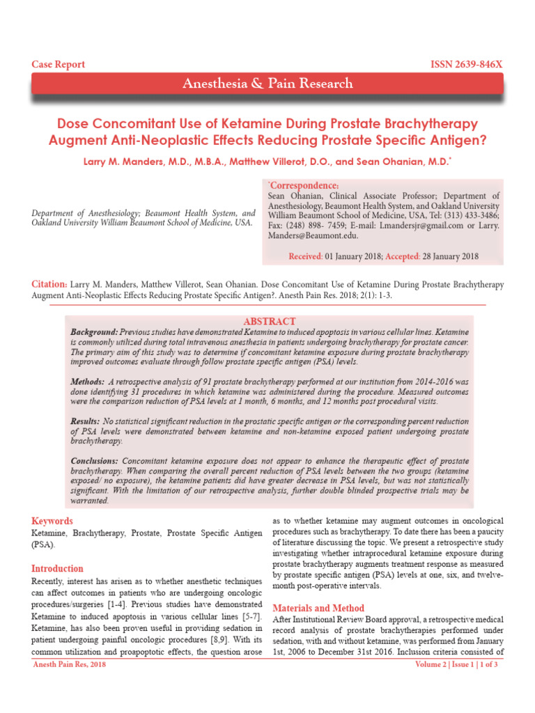 Ketamine's Role in Prostate Therapy | PDF | Anesthesia | Prostate ...