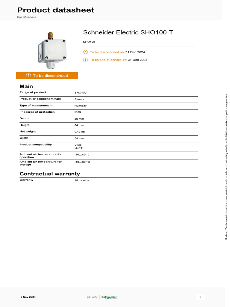 Discontinuation Notice for SHO100-T Sensor | PDF | Technology & Engineering