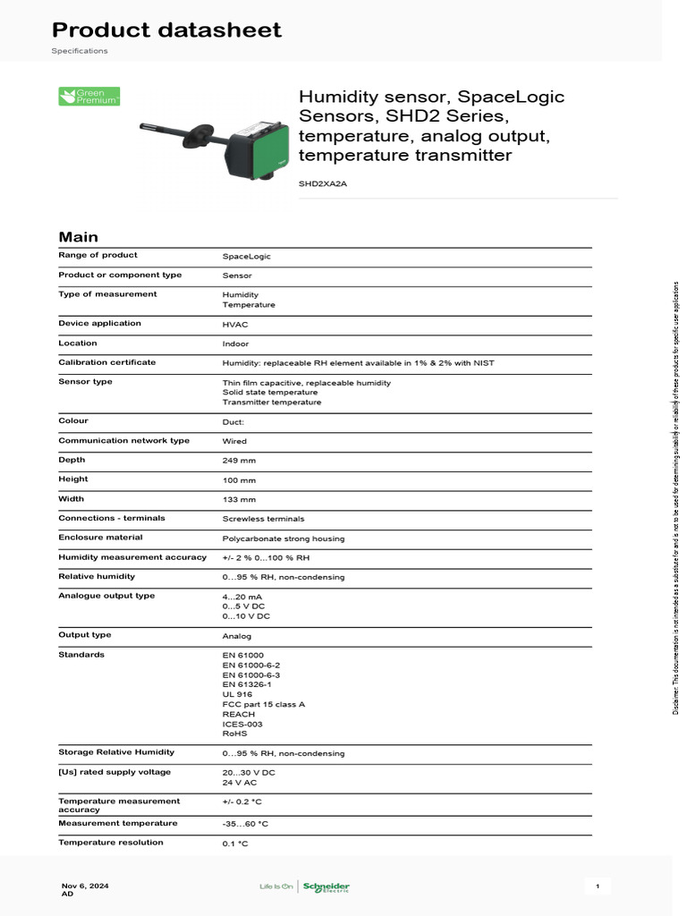 Schneider Electric - Humidity-Sensors - SHD2XA2A | PDF | Sensor ...