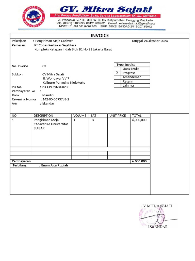 Invoice Pengiriman Meja Cadaver 2024 | PDF