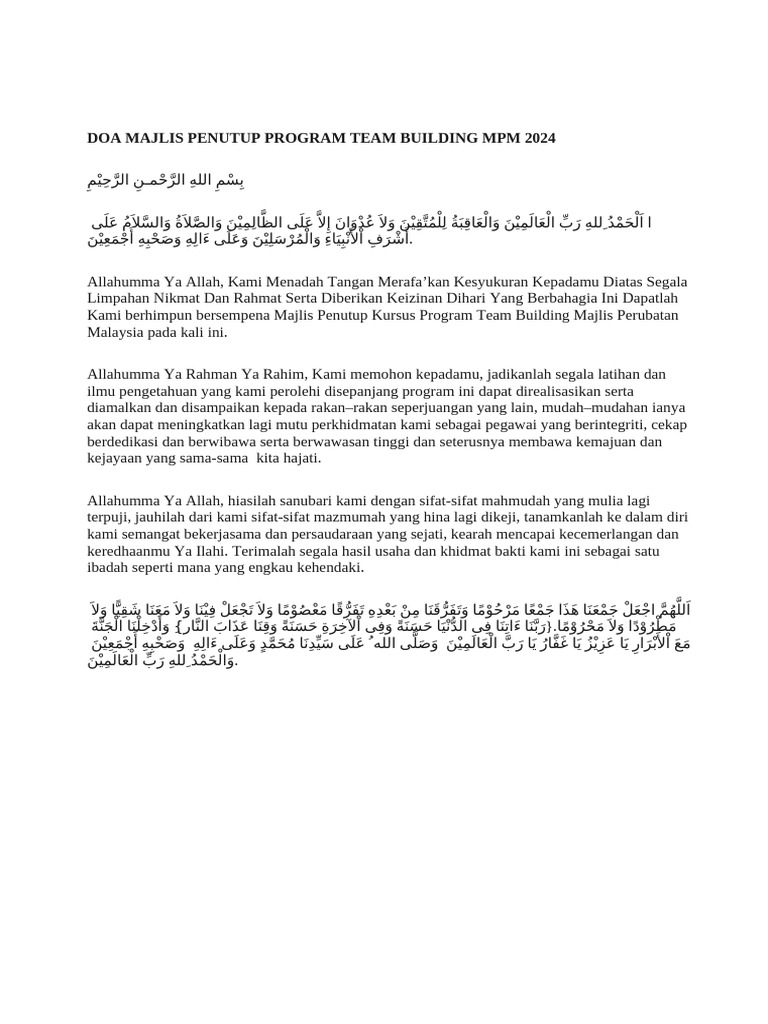 Teks Bacaan Doa Majlis Penutup Program Team Building MPM 2024 | PDF | Karier & Perkembangan ...