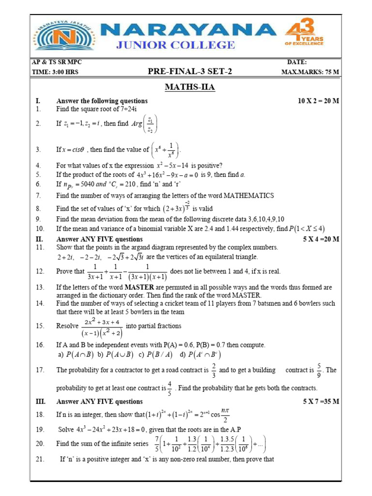 Pre-Final-3 Set-2 Maths-Iia: Z Arg Z X X X X Xa A. N and C | PDF | Numbers | Variance