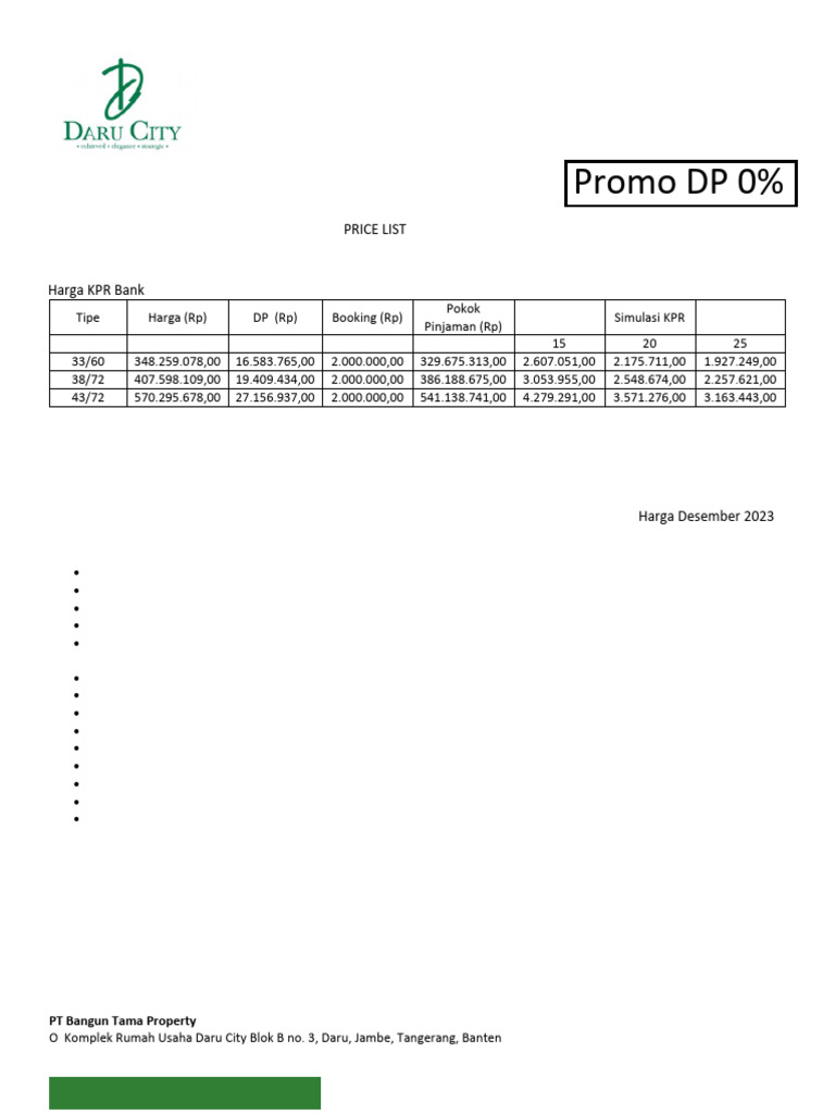 PRICE LIST KPR Bank Harga Allin Desember 2023 | PDF