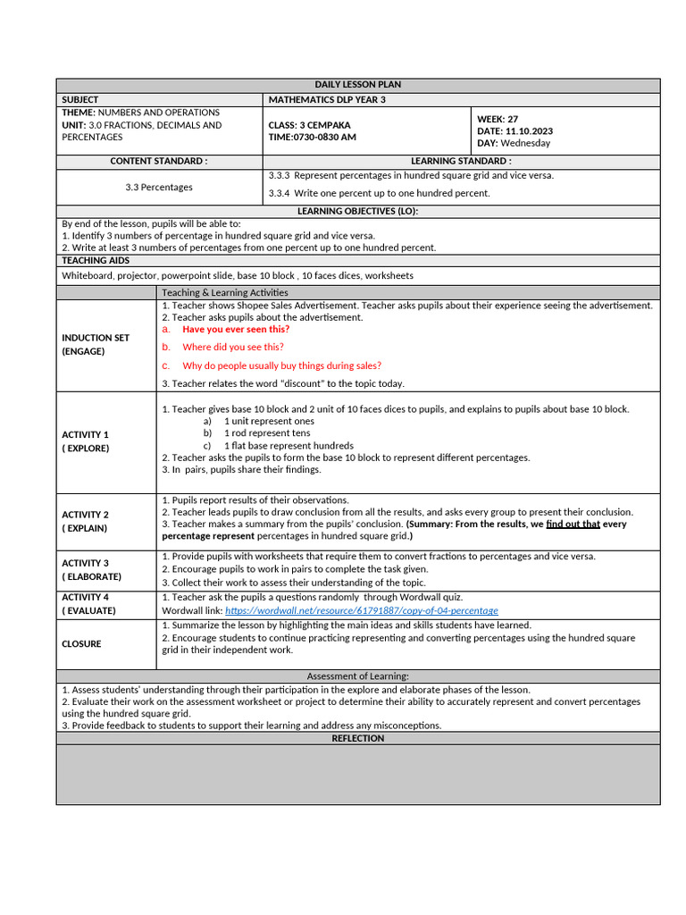 Year 3 Math: Percentages Lesson Plan | PDF | Lesson Plan | Percentage