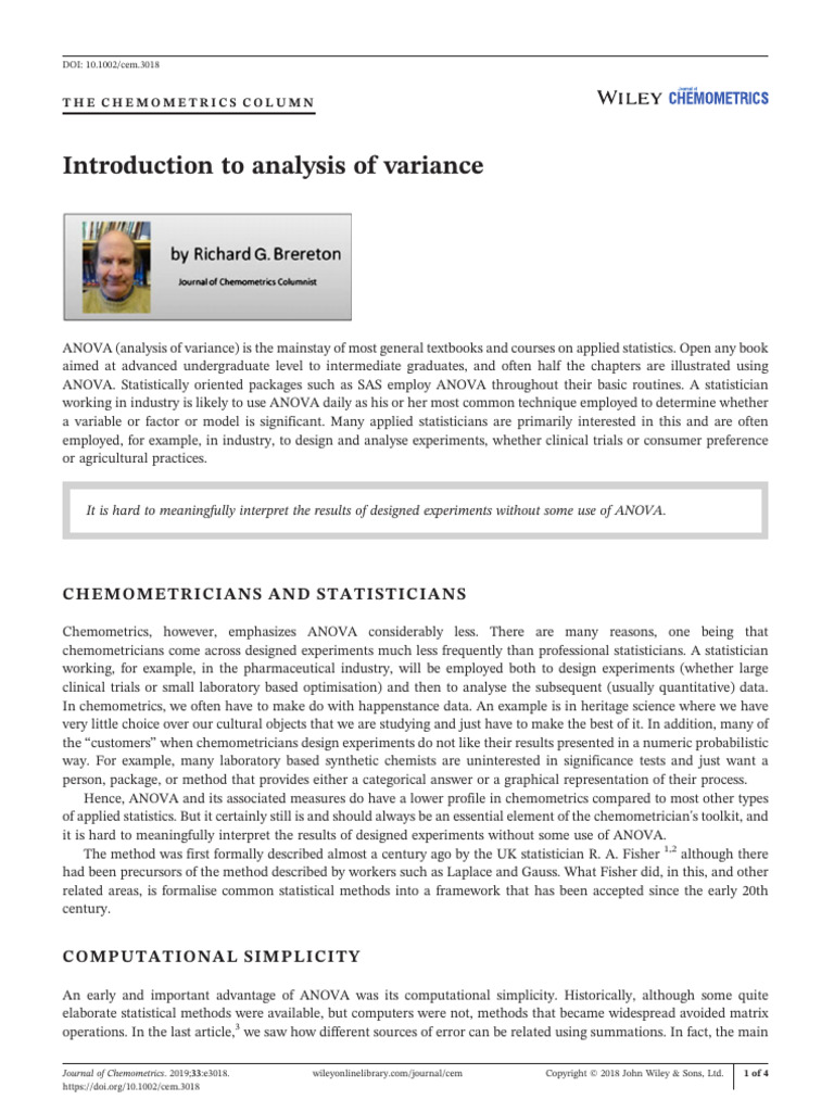 Journal of Chemometrics - 2018 - Brereton - Introduction To Analysis of Variance | PDF ...