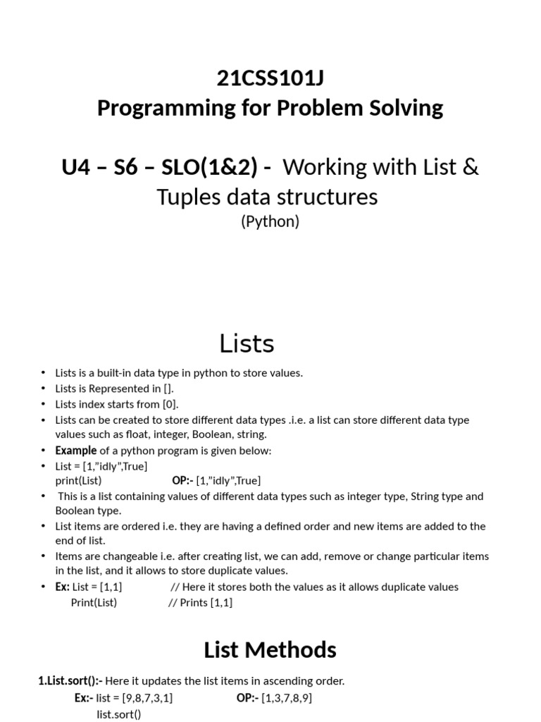 21CSS101J-U4-S6-SLO1 - 2-Working With List - Tuples Data Structures | PDF | Parameter (Computer ...