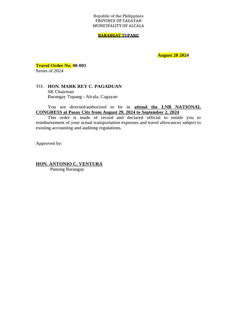 Barangay Travel Order Samples | PDF
