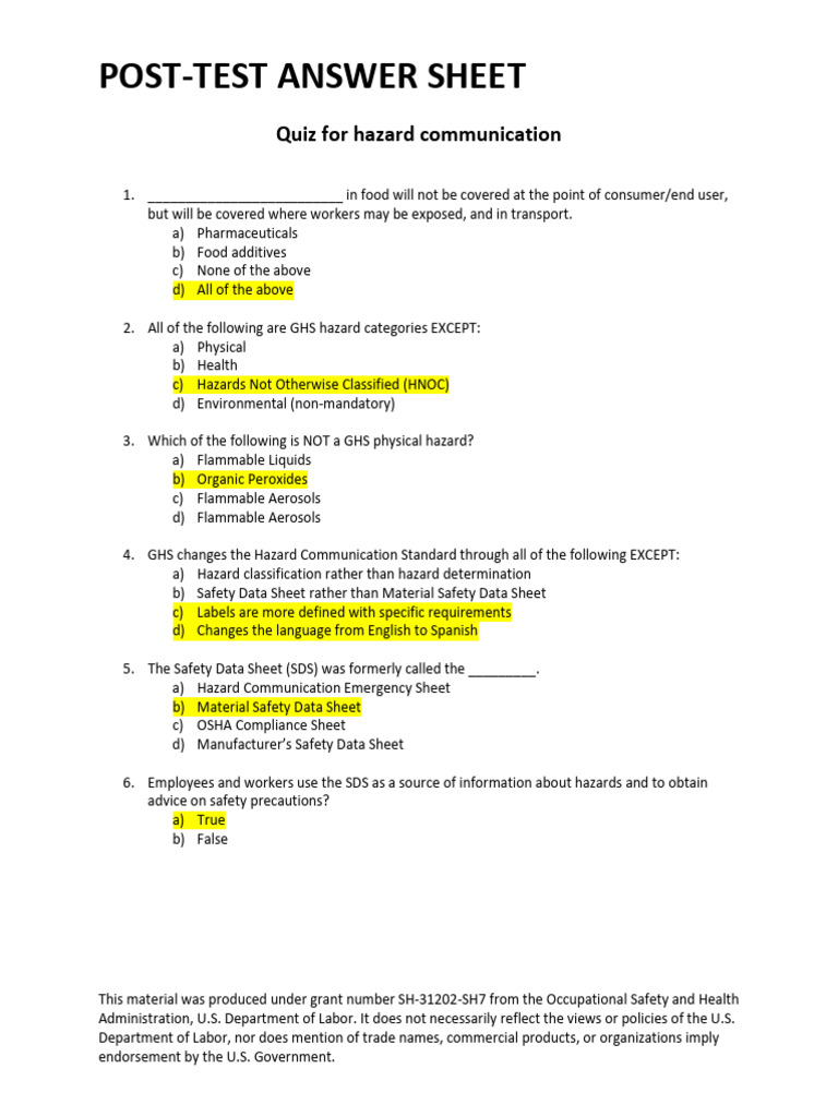 Hazard Communication Quiz Answers | PDF | Occupational Safety And ...