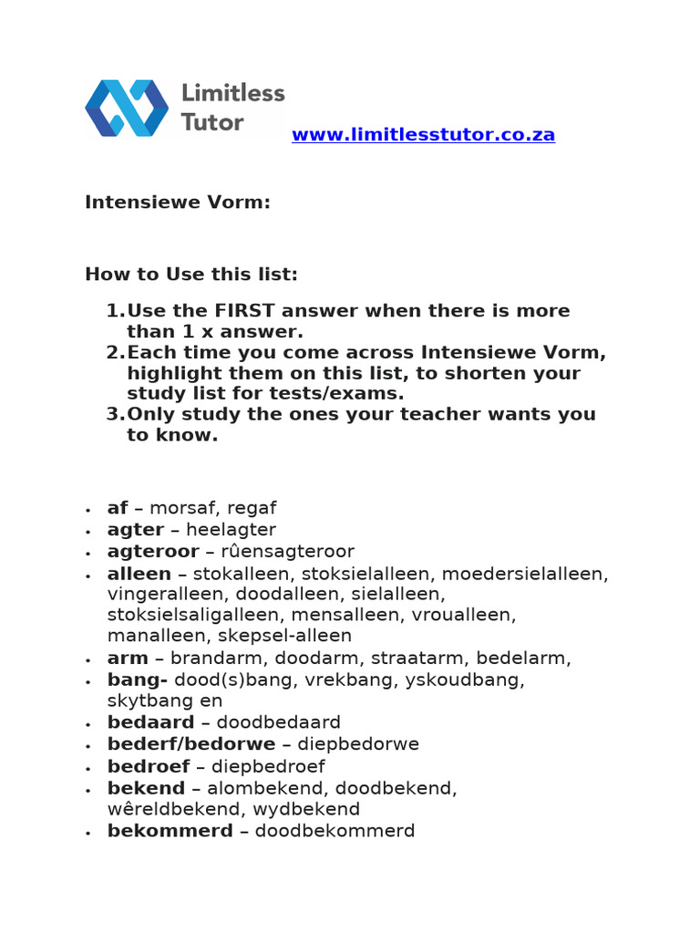 Intensiewe Vorm List | PDF