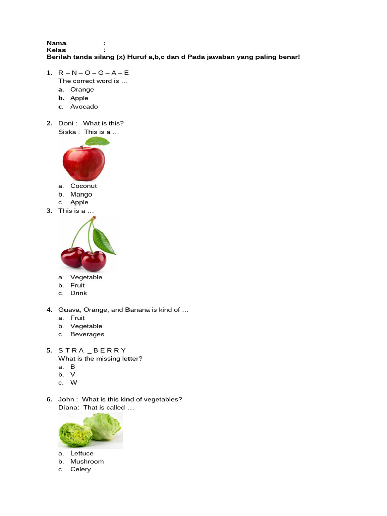 Soal Ulangan Harian Kelas 1,2,3 | PDF | Fruit | Vegetables