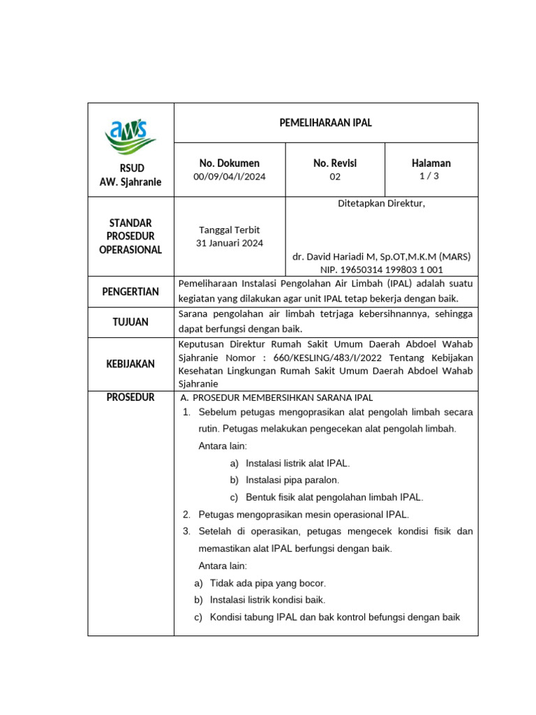 Spo Pemelihraan Ipal | PDF | Teknologi & Rekayasa