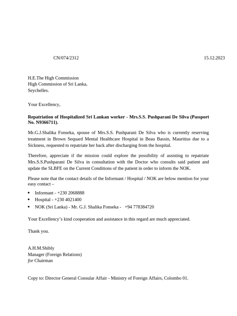 Repatriation Request for Hospitalized Worker | PDF | Social Science