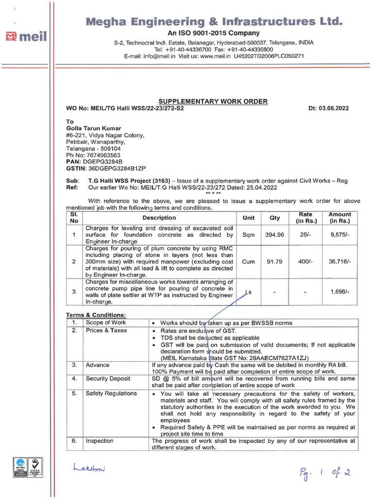 272-S2 - WO - Golla Tarun Kumar - Civil Works - TG Halli | PDF