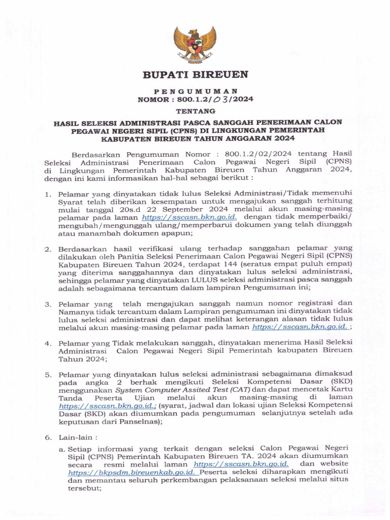 Pengumuman Hasil Seleksi Administrasi Pasca Sanggah CPNS Tahun 2024 | PDF