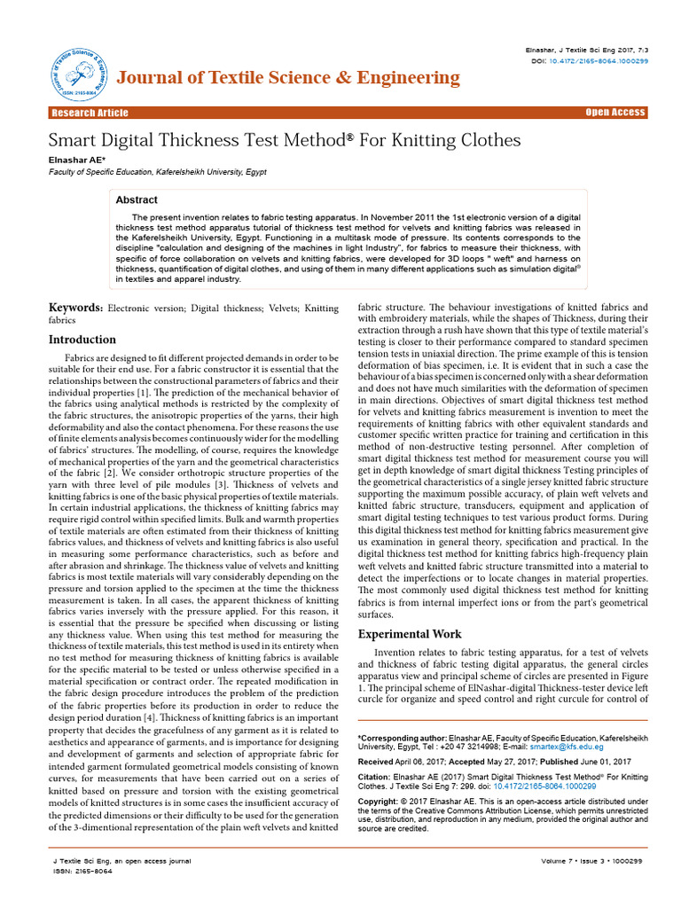 Smart Digital Thickness Test Method For Knitting Clothes 2165 8064 ...
