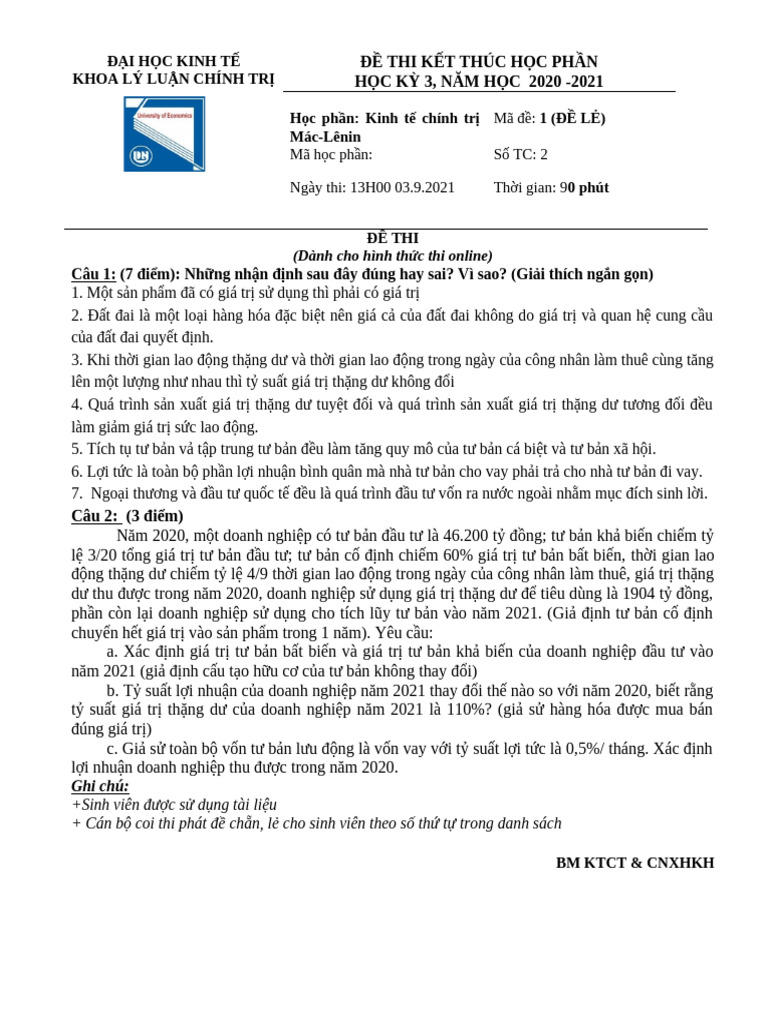 Đề Thi Ktct-Kỳ 3-ĐHBK 13H00 03.9.2021 | PDF