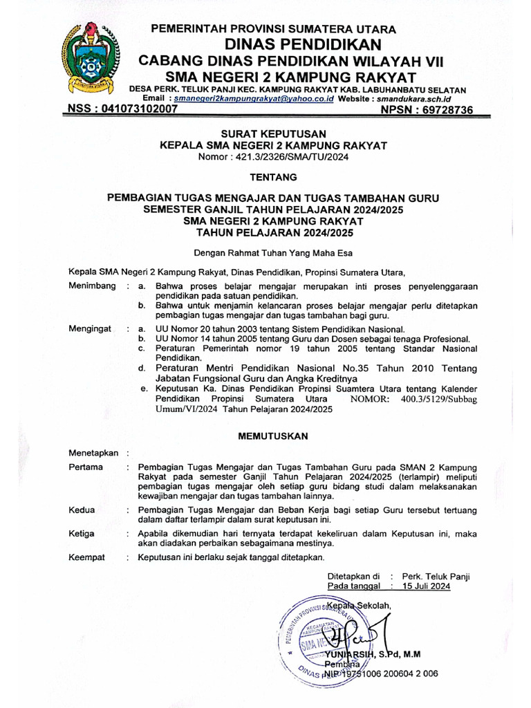 SK Pembagian Tugas TP 2024-2025 Ganjil Sman 2 Kampung Rakyat | PDF