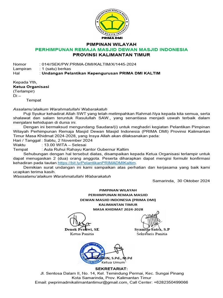 Undangan Pelantikan PRIMA DMI Kaltim | PDF