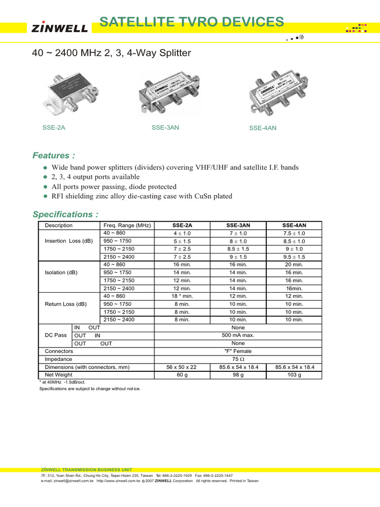 2-3-4W IF Splitter Zinwell Specification | PDF | Electromagnetic ...