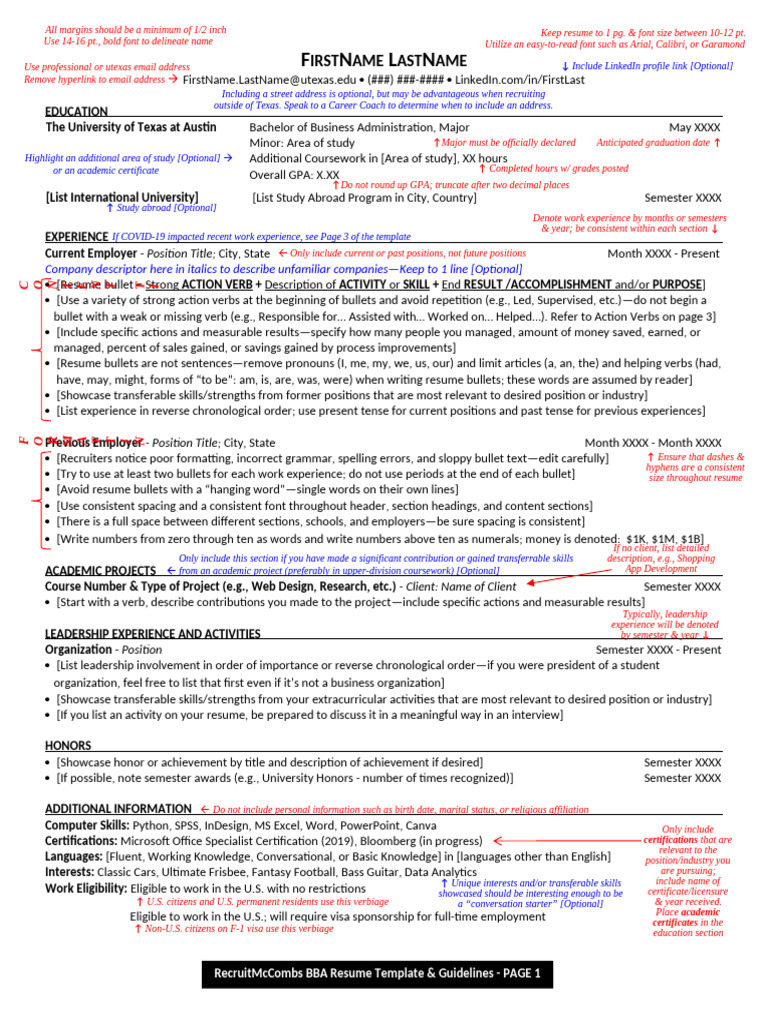 McCombs BBA Resume Template Guide | PDF | Résumé | Business