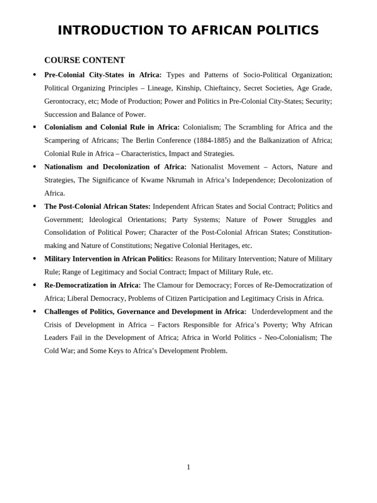 African Politics Course Overview | PDF | Pan Africanism | Colonialism