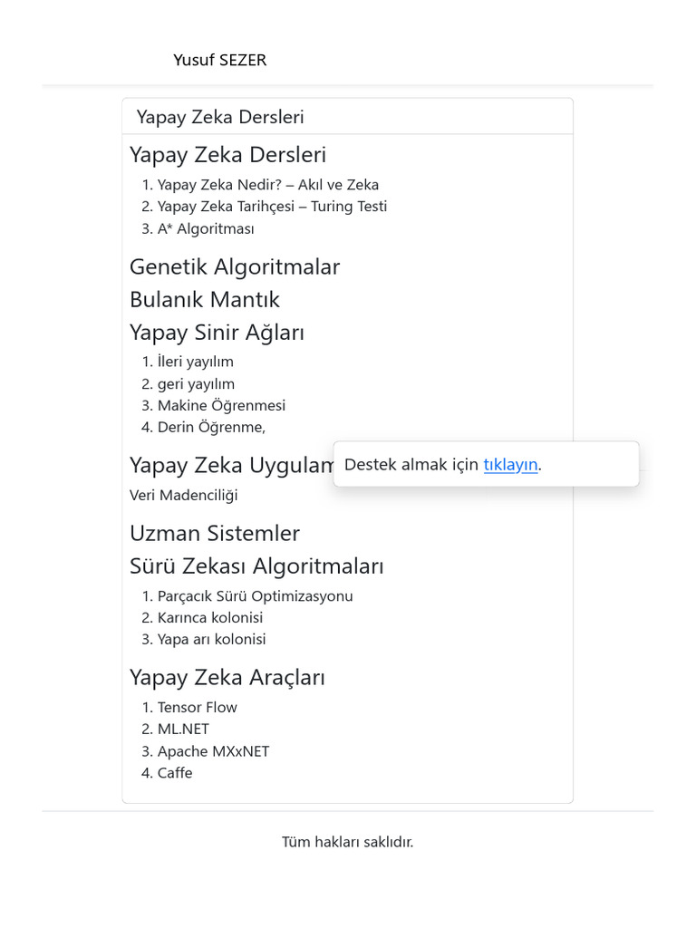 Yapay Zeka Dersleri - Yusuf SEZER | PDF