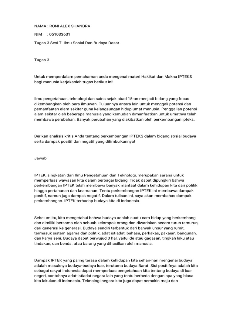 Tugas 3 Sesi 7 Ilmu Sosial Dan Budaya Dasar | PDF