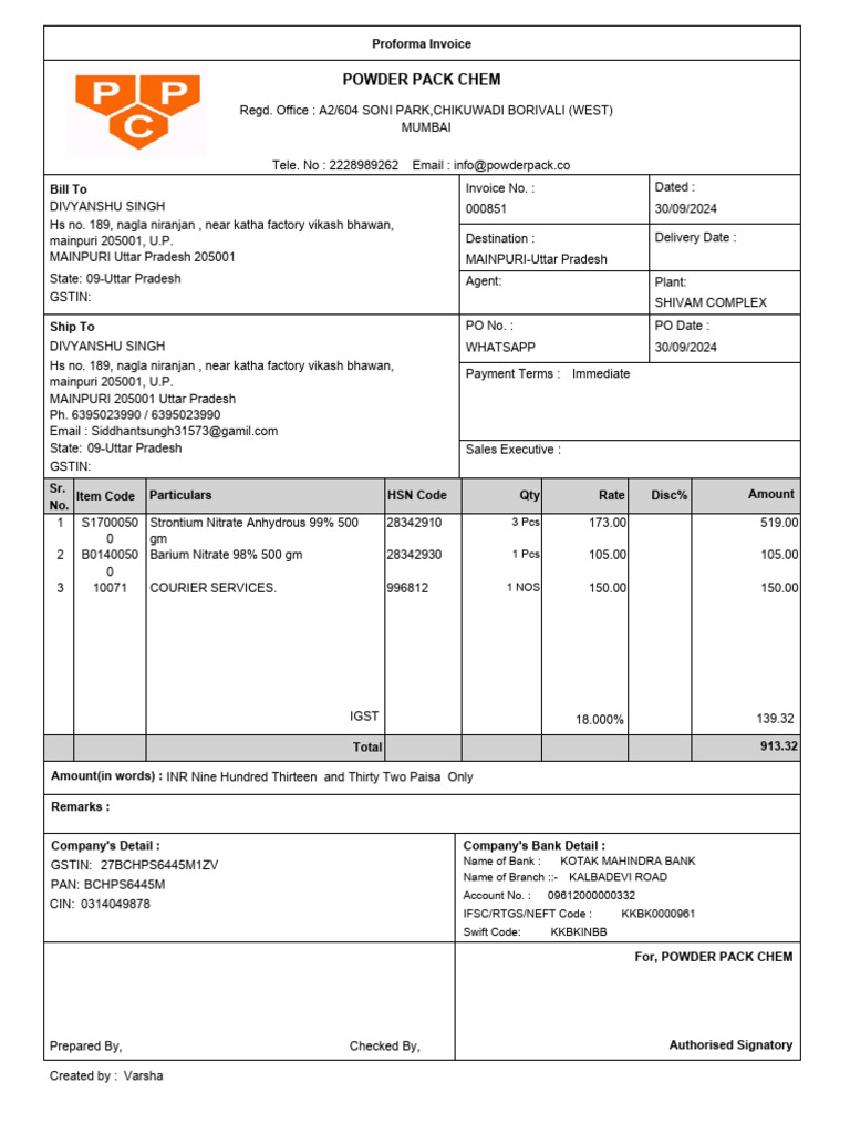 Proforma Invoice #000851 From POWDER PACK CHEM | PDF