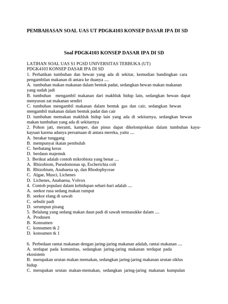 Pembahasan Soal Uas Ut PDGK4103 Konsep Dasar Ipa Di SD | PDF