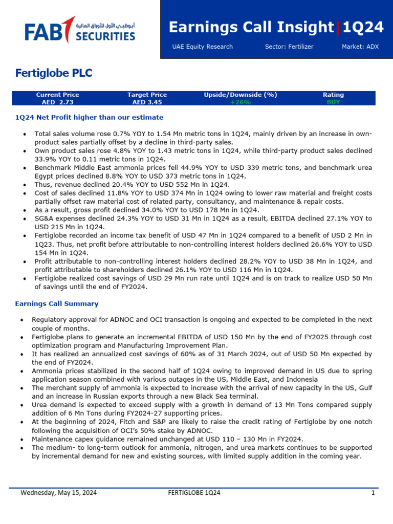 UAE Equity Research - Fertiglobe PLC 1Q24 - Earnings Call Insight | PDF | Net Income | Taxes