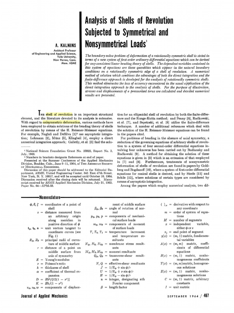 Analysis of Shells of Revolution Subjected To Symmetrical and ...