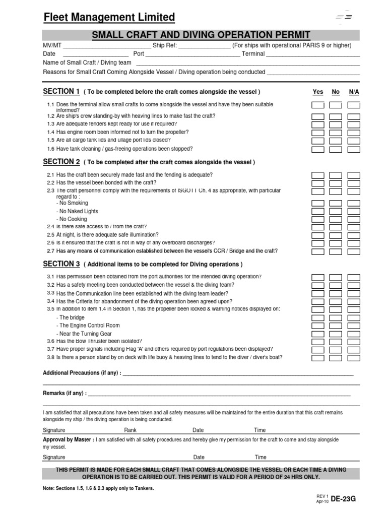 DE 23G - Small Craft and Diving Operation Permit | PDF | Ships ...