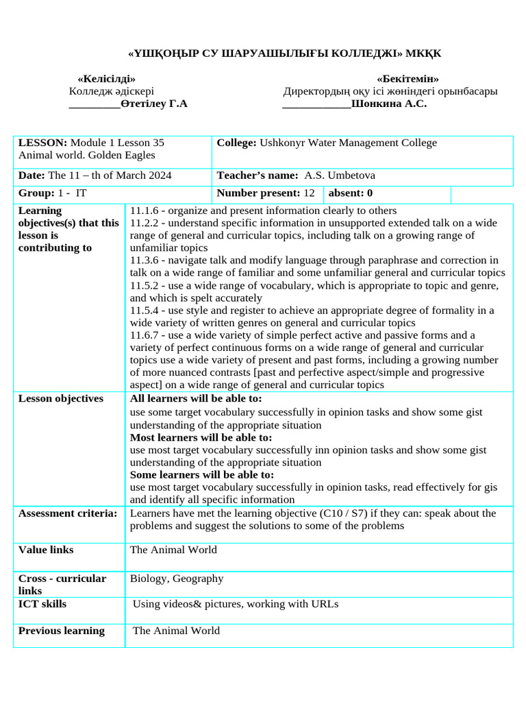 Demonstrative Lesson Plan Animals Golden Eagle | PDF | Vocabulary ...