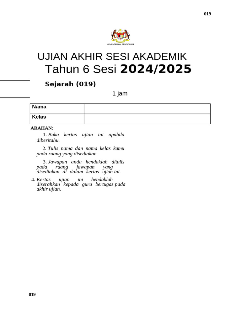 Uasa Sejarah Tahun 6 | PDF