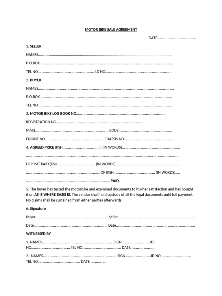 Motor Bike Sale Agreement Template | PDF