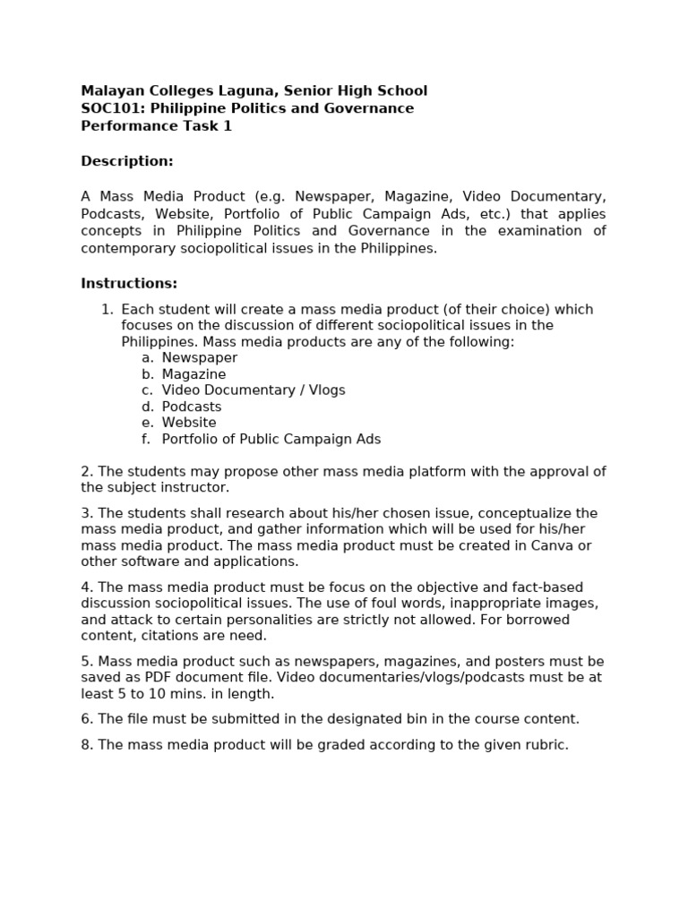 SOC105 Performance Task For 3rdQ | PDF | Mass Media | Communication