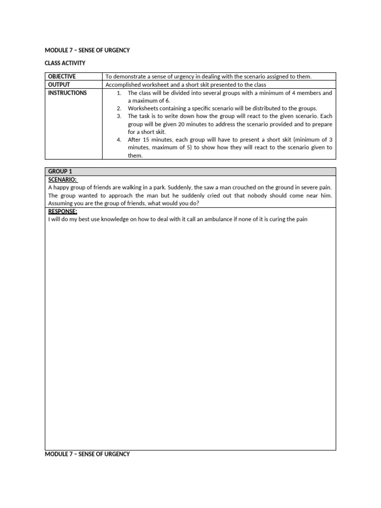 Class Activity: Sense of Urgency Scenarios | PDF