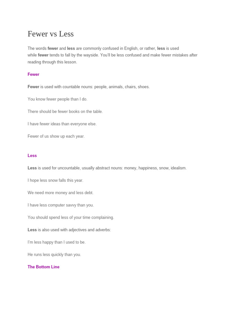 Fewer Vs Less | PDF