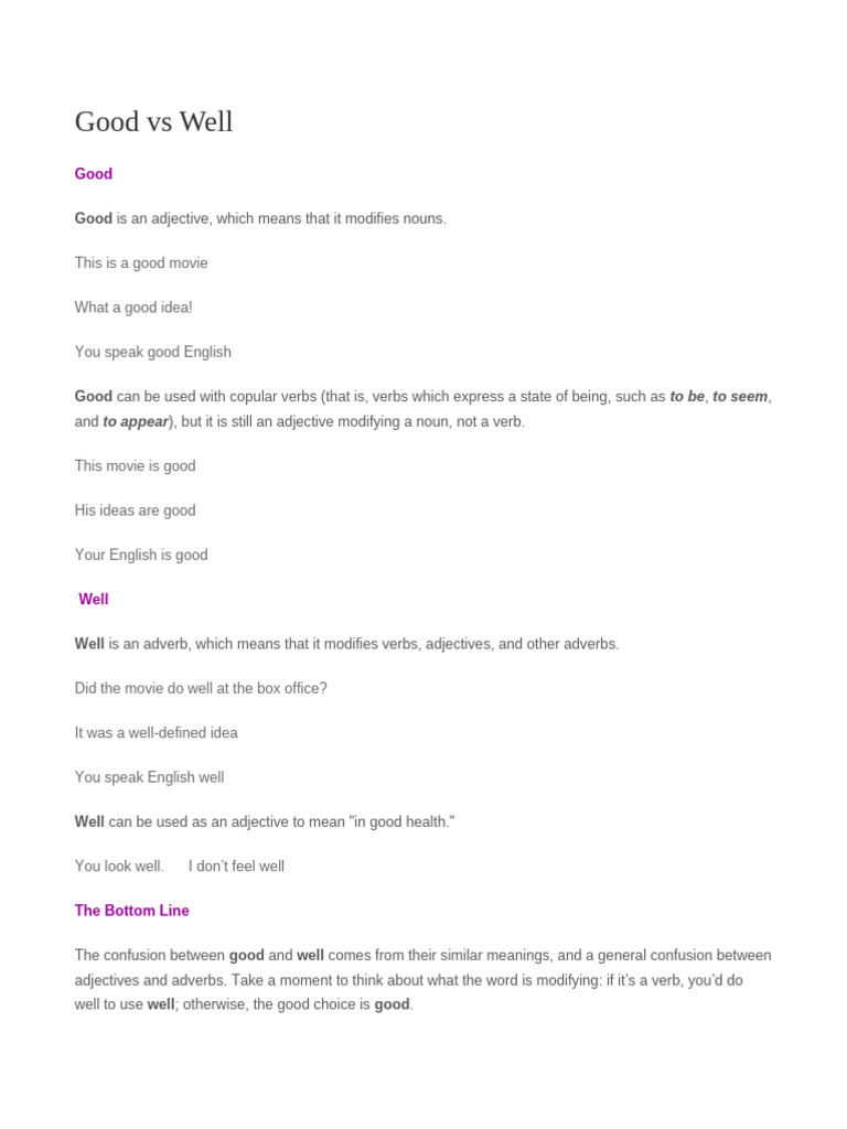 Good vs Well: Usage Explained | PDF