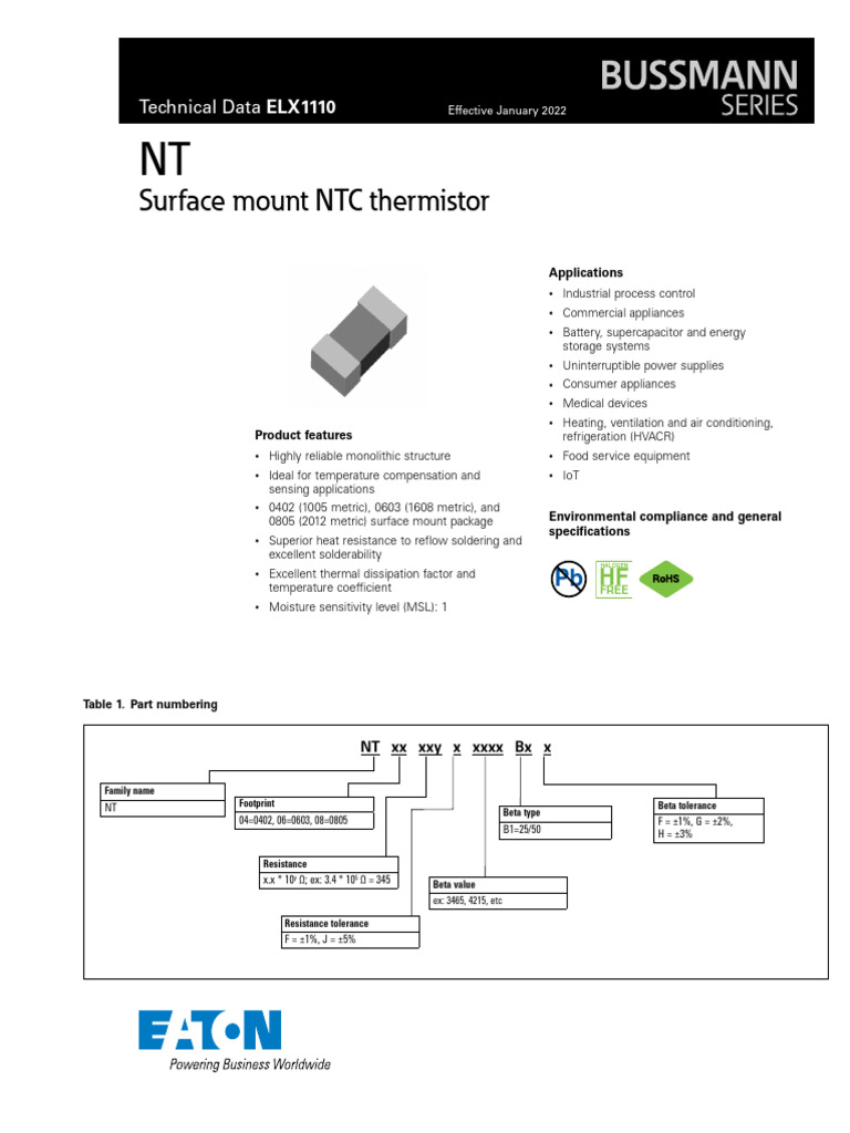 Surface Mount NTC Thermistor: Technical Data | PDF | Electrical ...