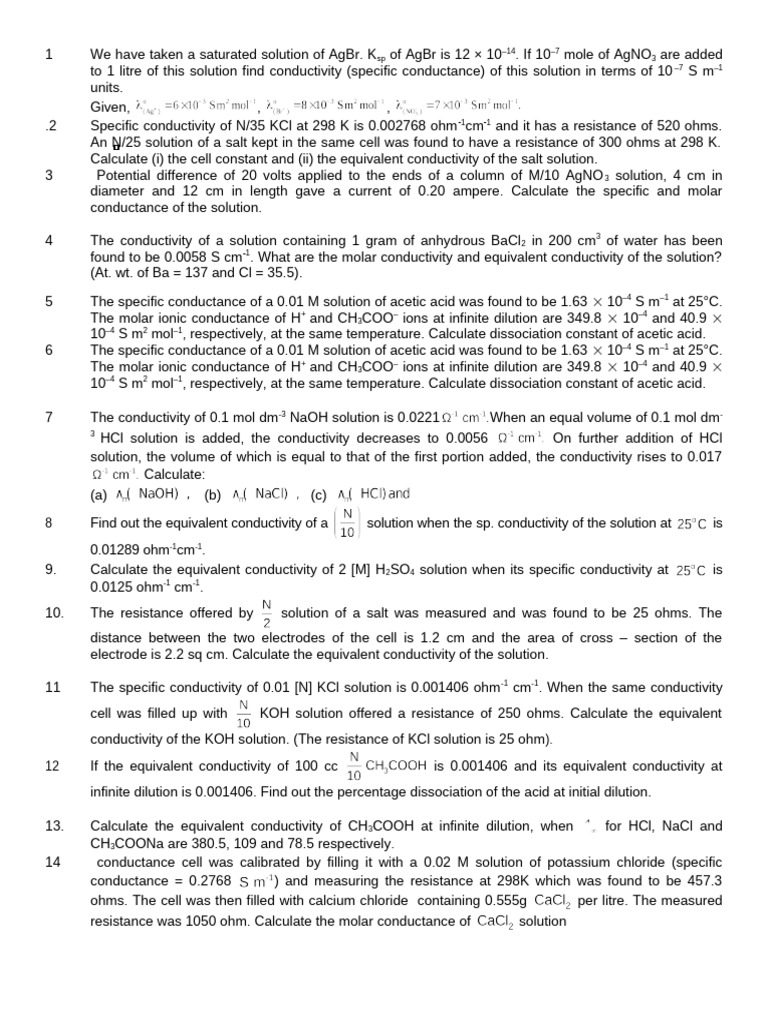Conductivity Calculations in Electrolyte Solutions | PDF | Electrical ...