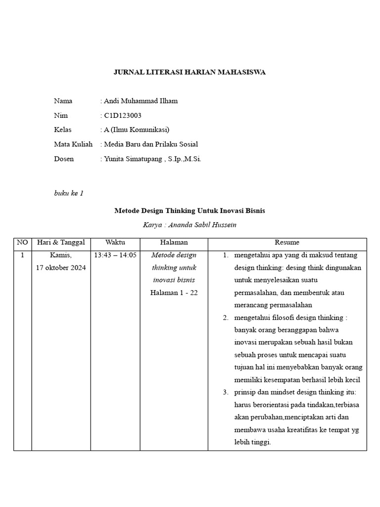Jurnal Harian Andi Muhammad Ilham (C1D123003) | PDF | Seni