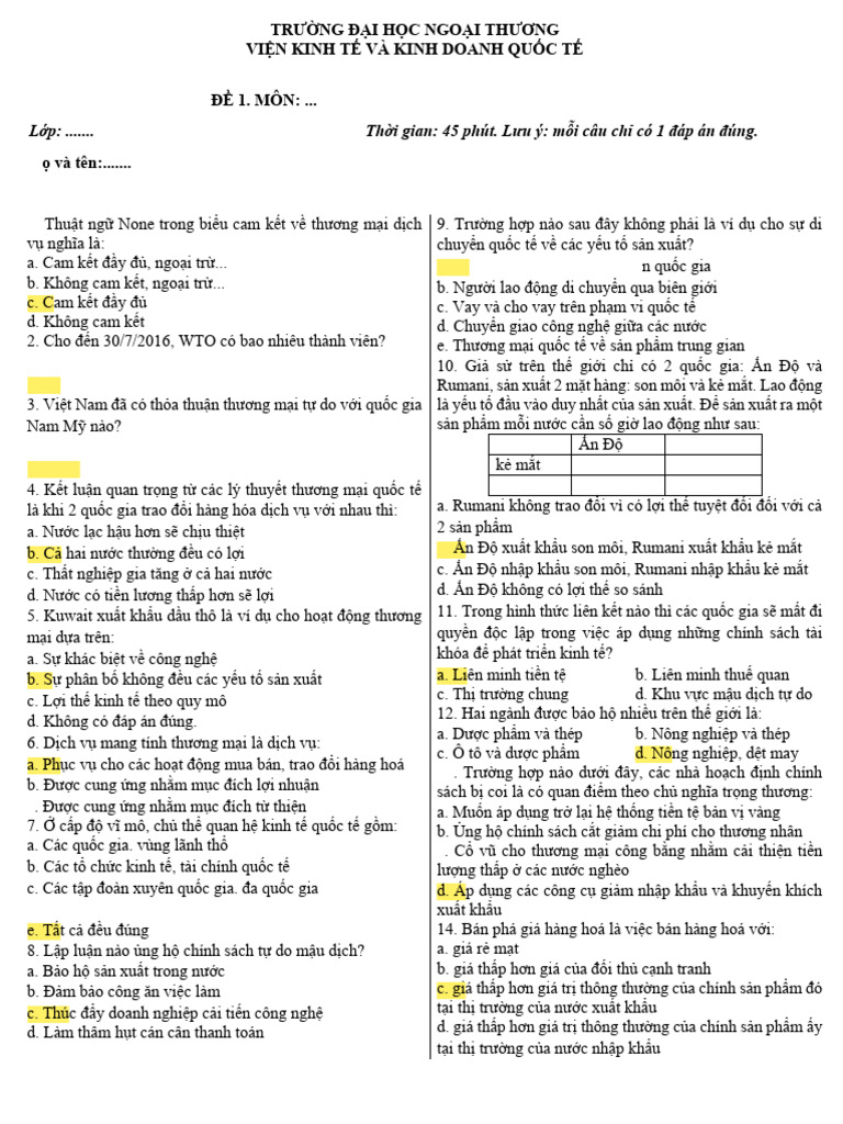 GK Quan hệ KTQT thầy Thuận Hè 2018 | PDF