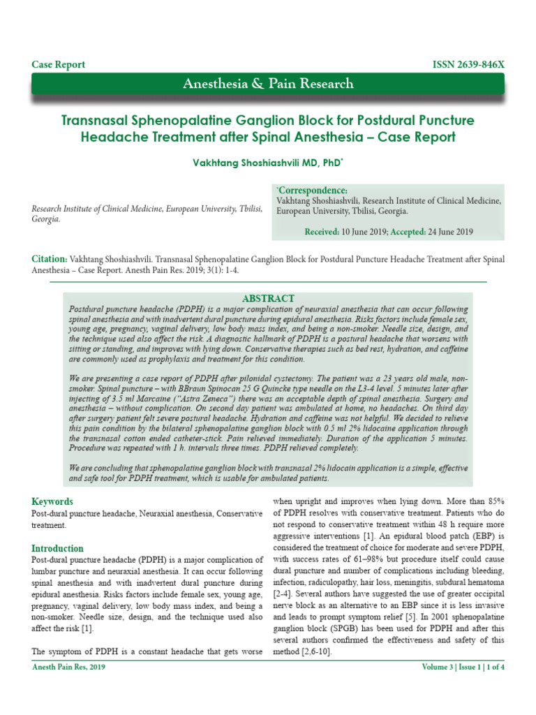 Transnasal Sphenopalatine Ganglion Block For Postdural Puncture ...