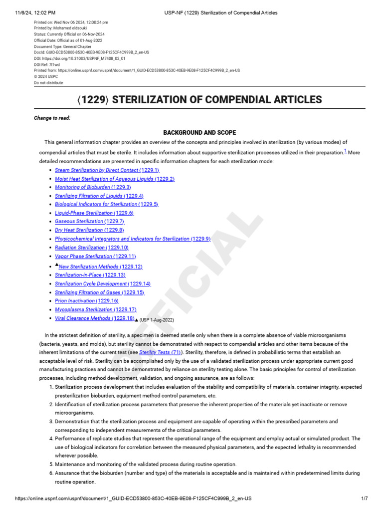 USP-NF 1229 Sterilization of Compendial Articles | PDF | Sterilization ...