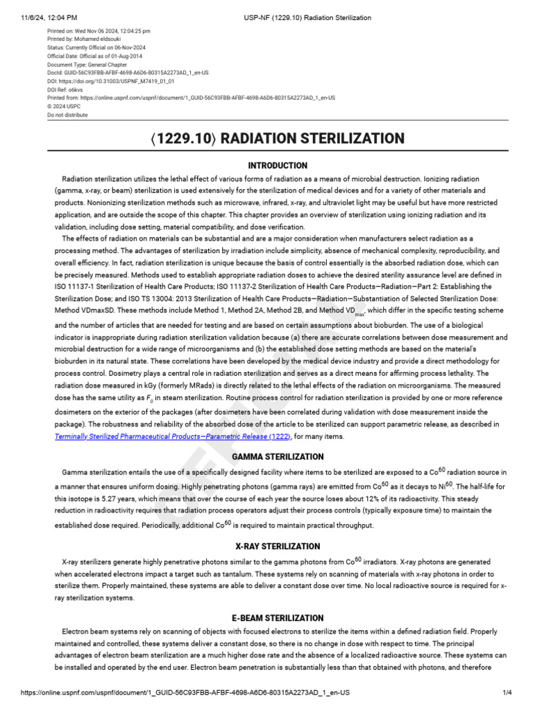 USP-NF 1229.10 Radiation Sterilization | PDF | Sterilization ...