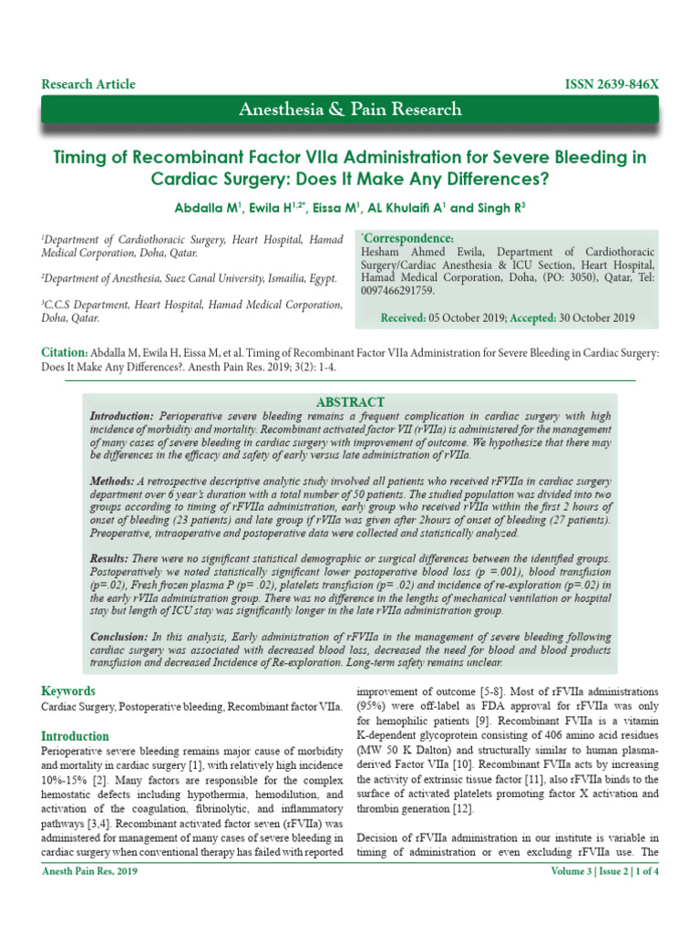Timing of Recombinant Factor Viia Administration For Severe Bleeding in ...